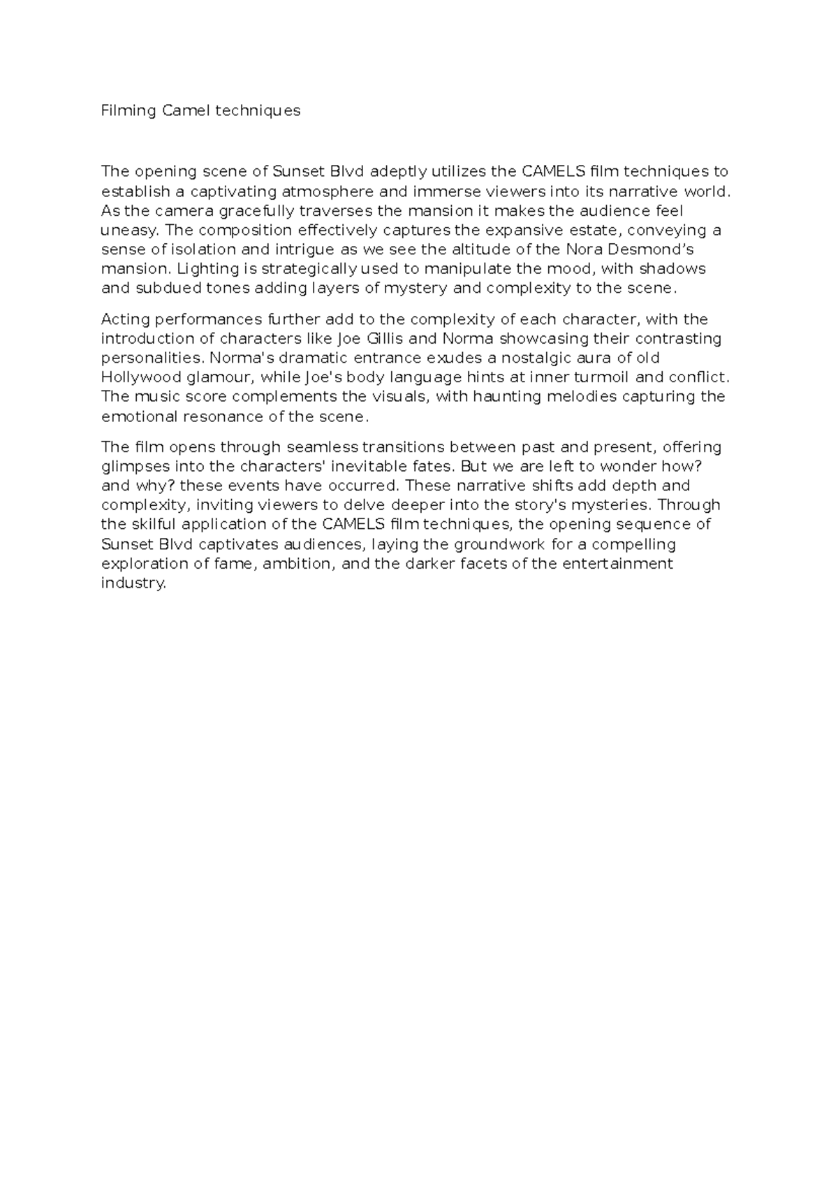 Filming Techniques in Sunset Blvd: Analyzing CAMELS Method - Studocu