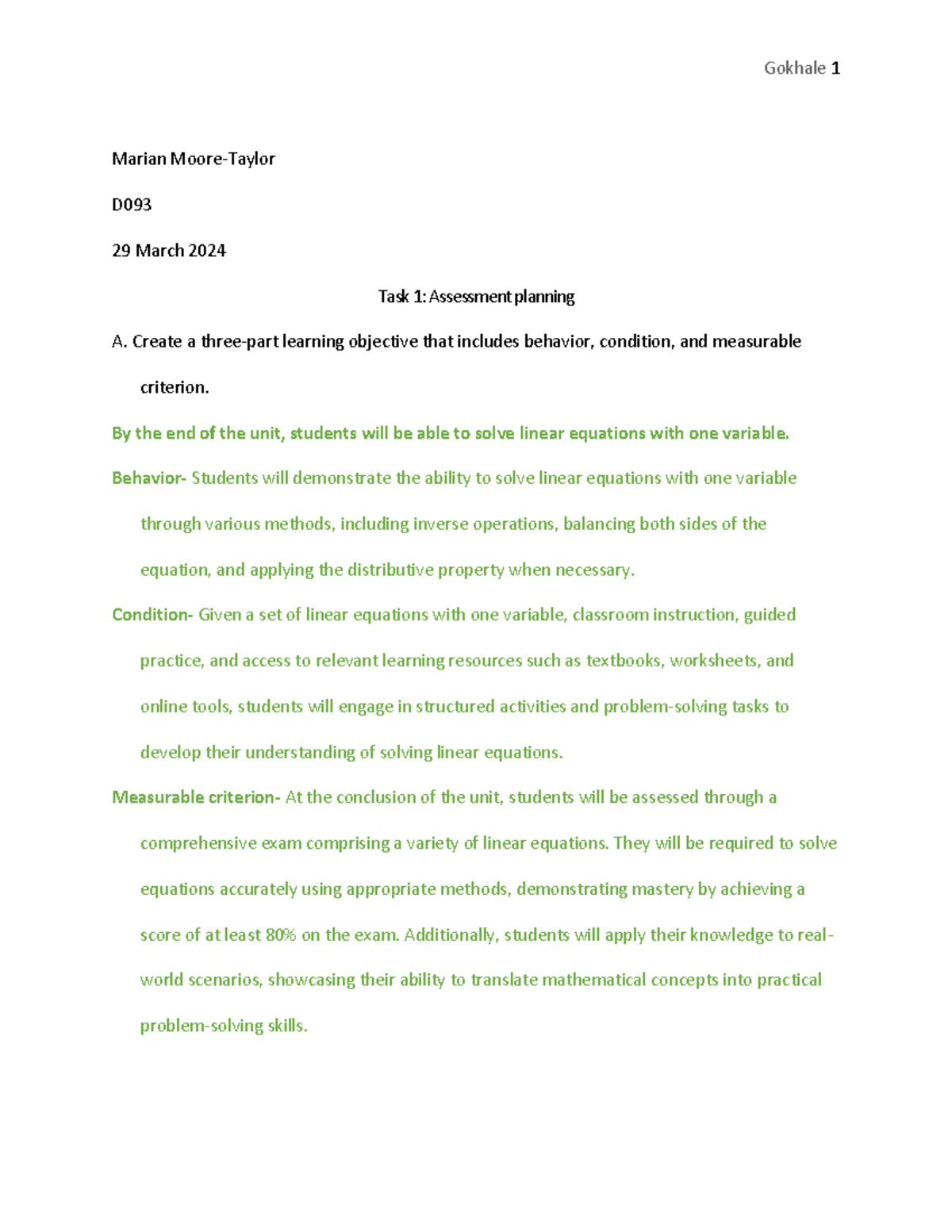 D093 Task 1: Creating Learning Objectives & Assessment Planning - Studocu