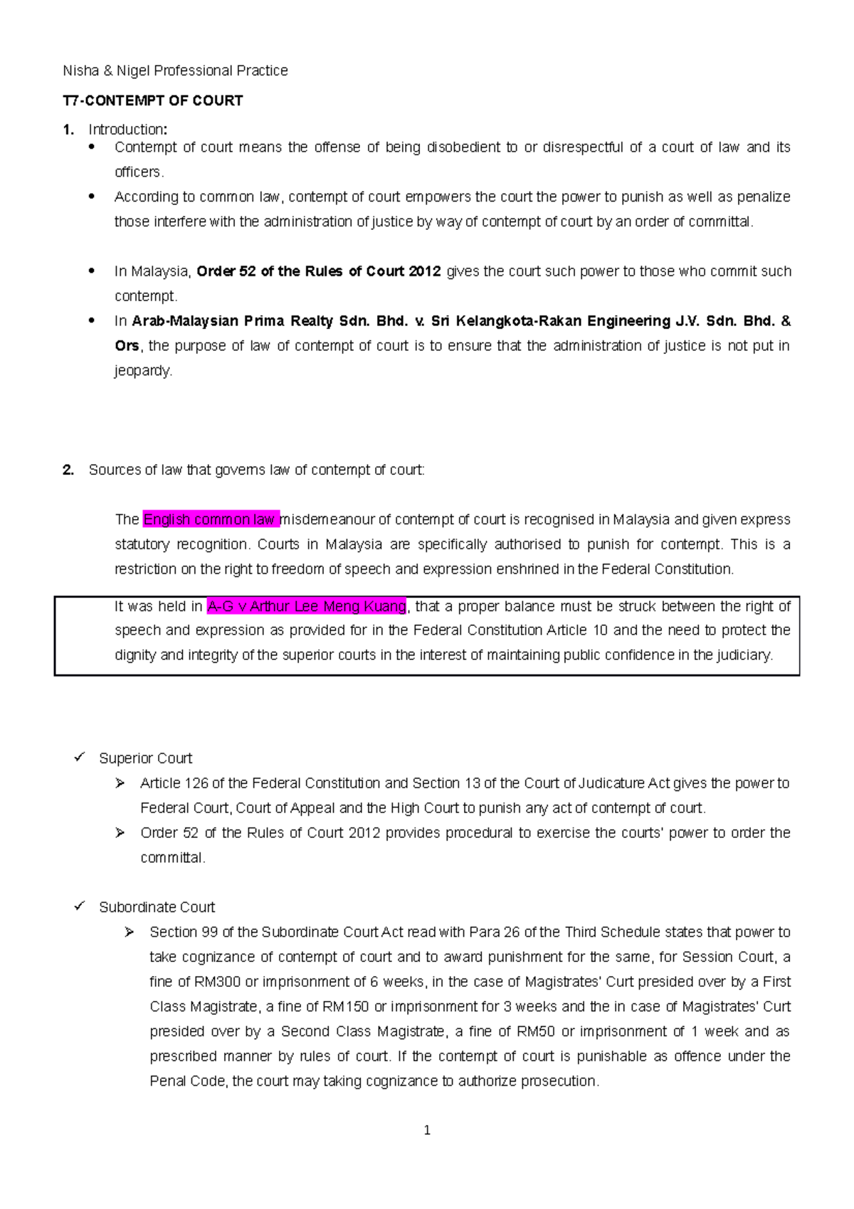 T7-CONTEMPT OF COURT: Comprehensive Study Guide - Studocu