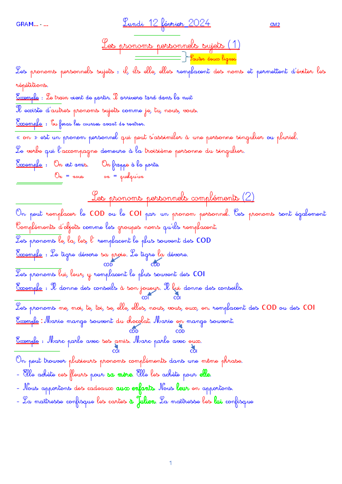 Grammaire CM2 : Les pronoms personnels sujets et compléments - Studocu