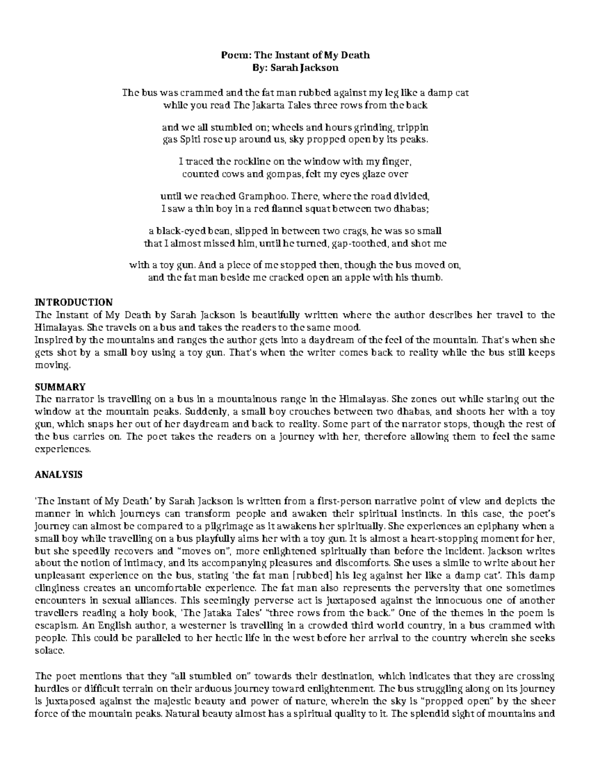 Poem Notes on "The Instant of My Death" by Sarah Jackson - Studocu