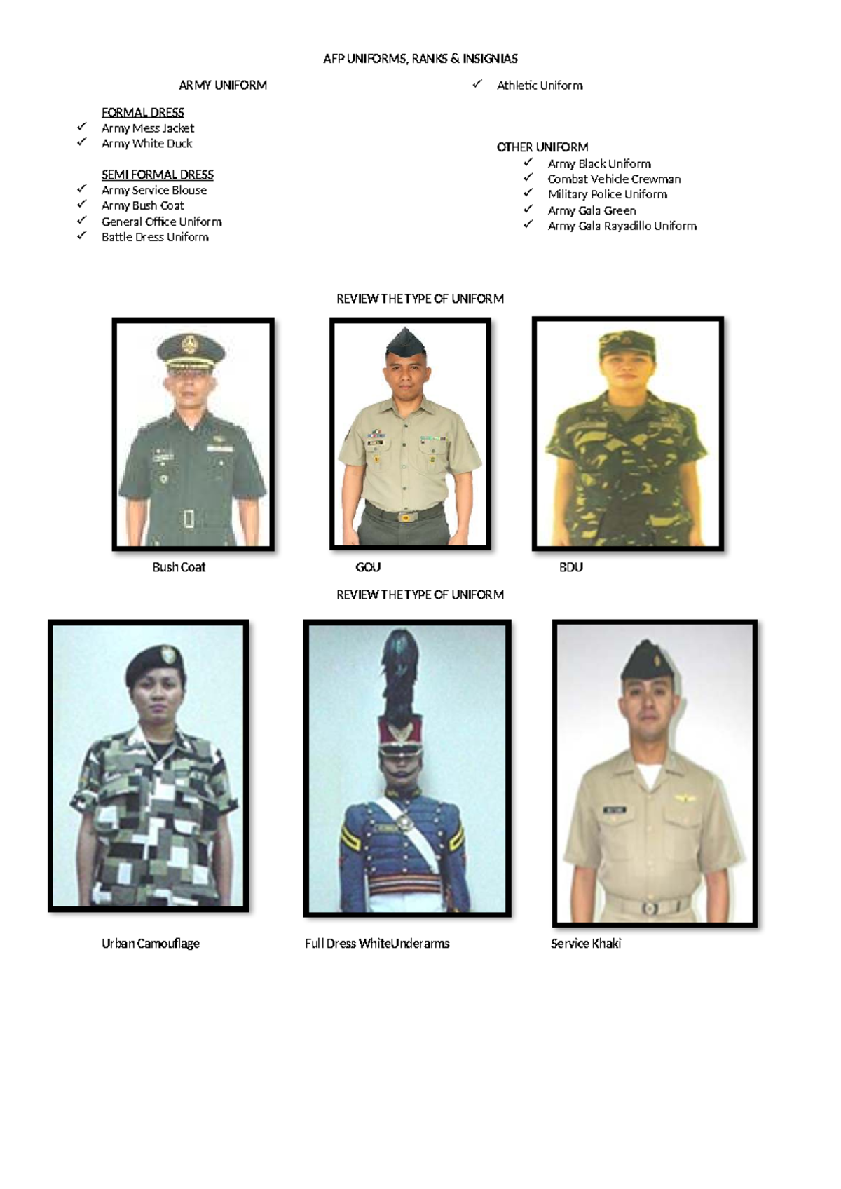 AFP Uniforms, Ranks, and Insignias Overview and Definitions - Studocu