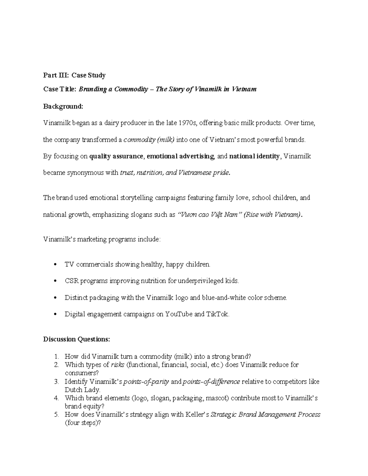 Case Study: Branding Vinamilk - Transforming Milk into a Powerful Brand - Studocu