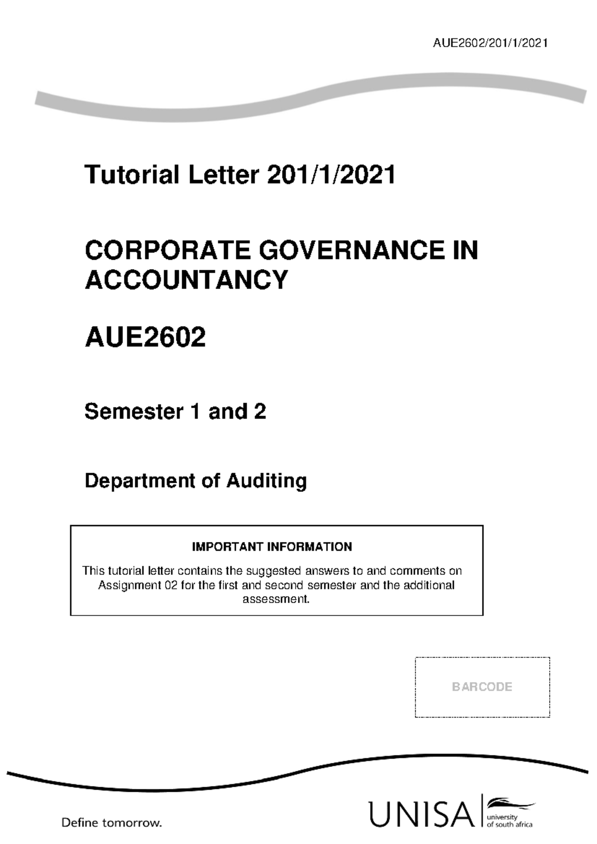 Tutorial Letter: Corporate Governance Analysis AUE2602 - Assignment 02 ...