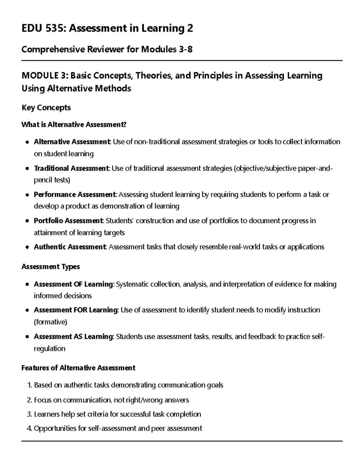 EDU 535: Comprehensive Review of Alternative Assessment Methods ...
