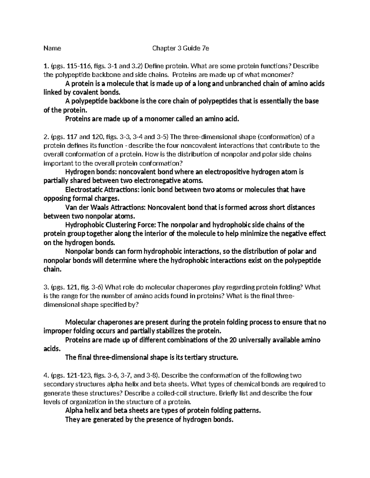 BIO-333 Chapter 3 Study Guide (7th Edition) - Protein Structure and ...