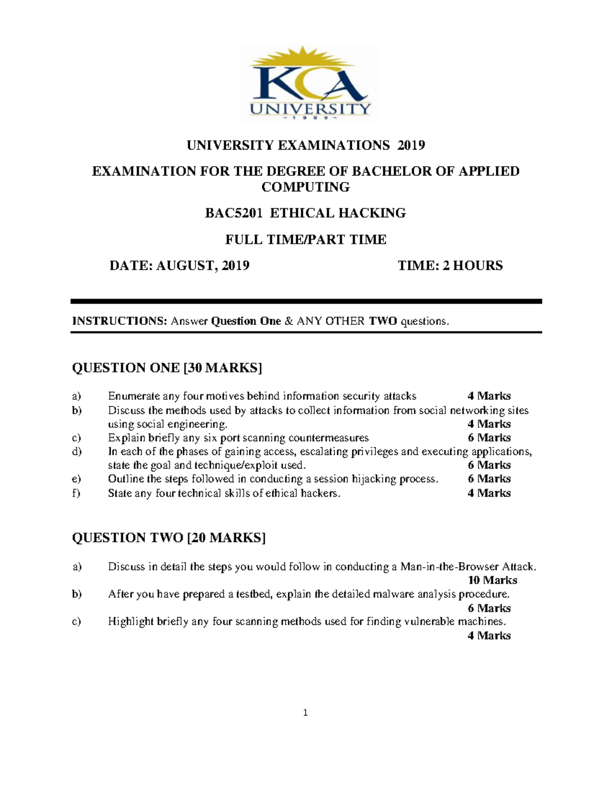 BAC5201 Ethical Hacking Exam Paper - University Examinations 2019 - Studocu