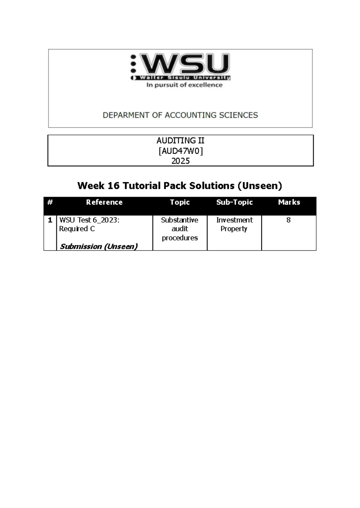 AUDITING II 2025 Week 16 Tutorial Pack Solutions (Unseen) - Studocu
