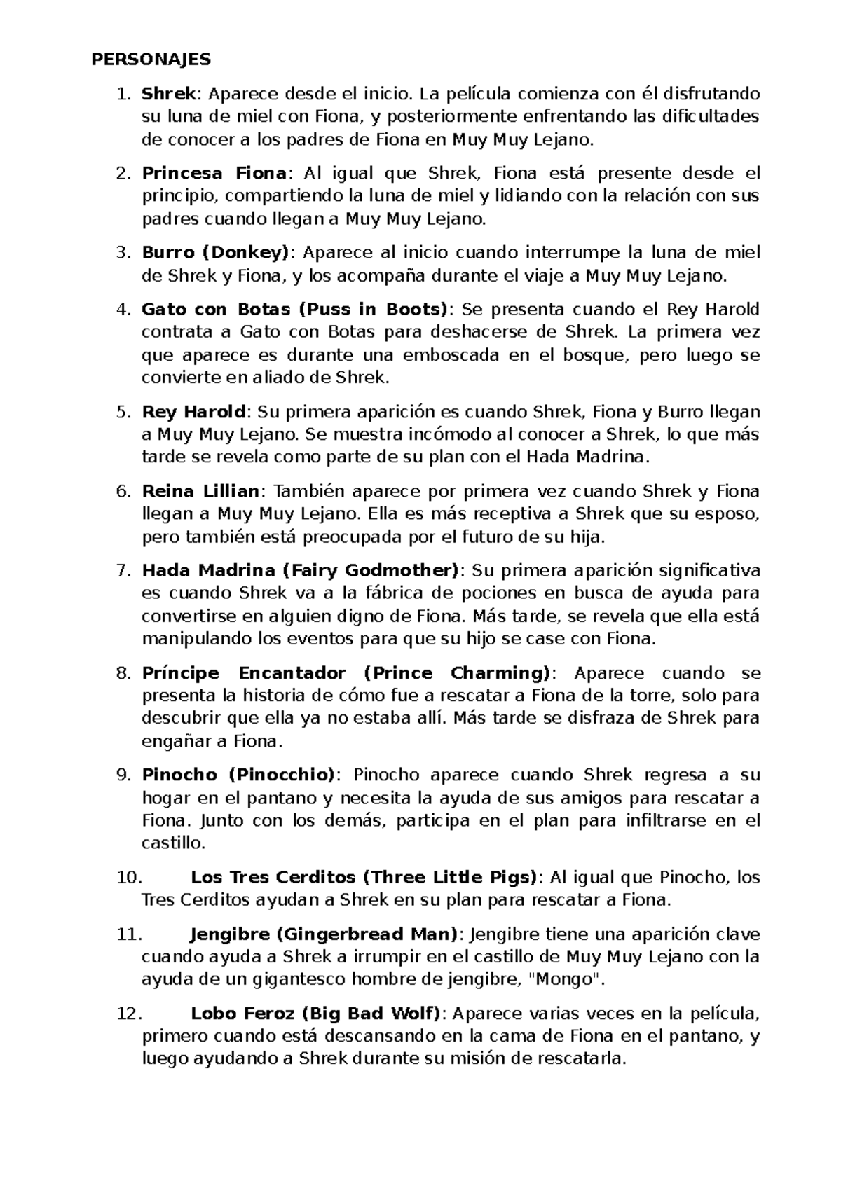 Guion de Shrek 2: Análisis y Resumen de Personajes y Actos - Studocu