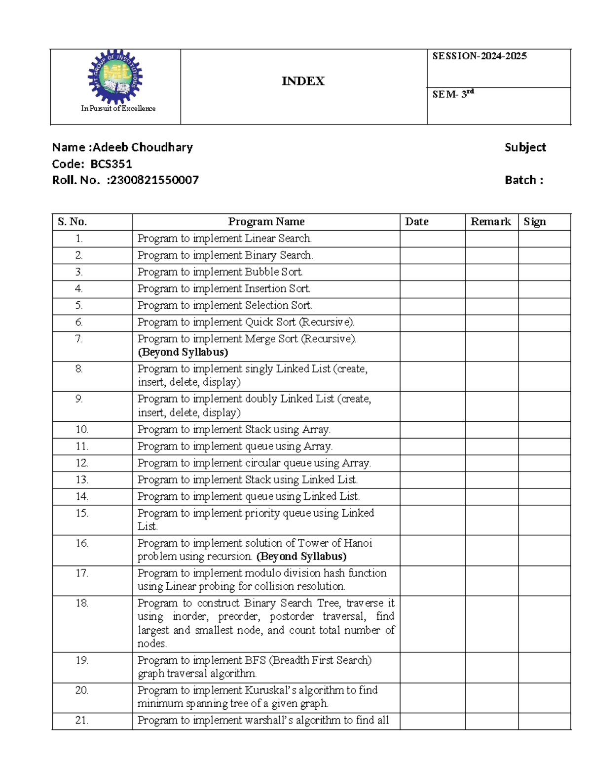 BCS351 Index for DS Lab File (2024-25) by Adeeb Choudhary - Studocu