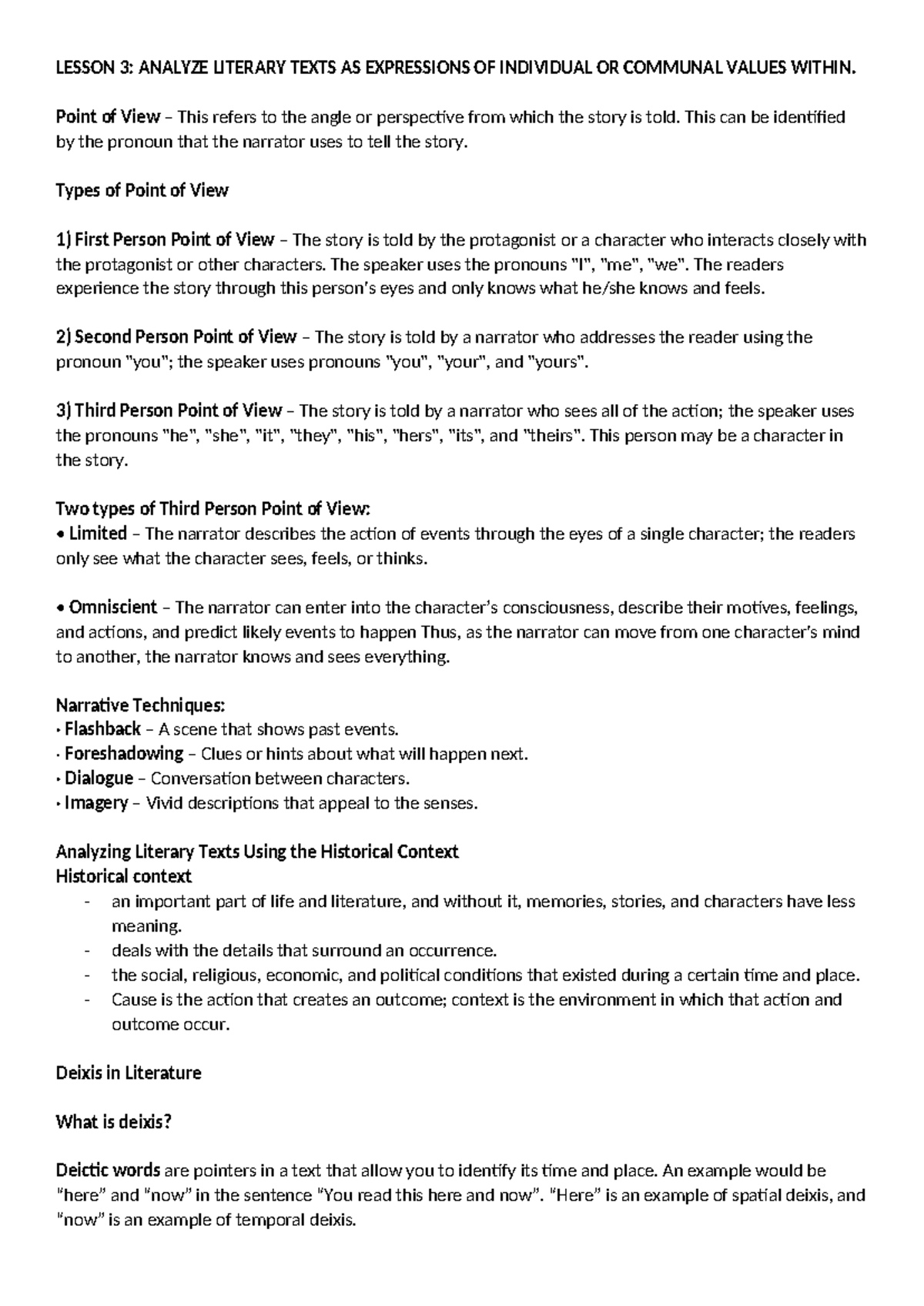 English 8 Module: Lesson 3 - Analyzing Literary Texts & POV - Studocu
