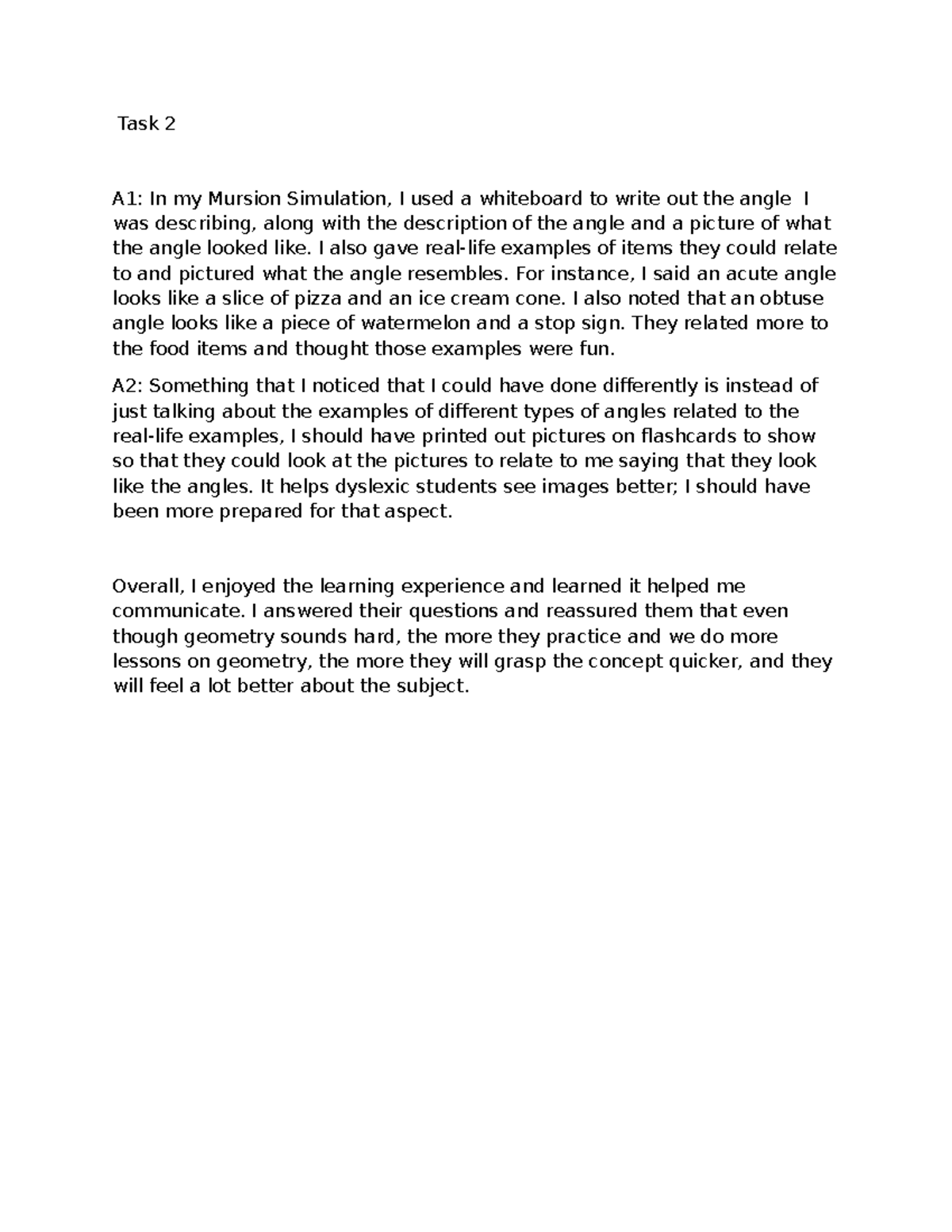 D096 Task 2: Reflection on Mursion Simulation & Geometry Teaching Strategies - Studocu