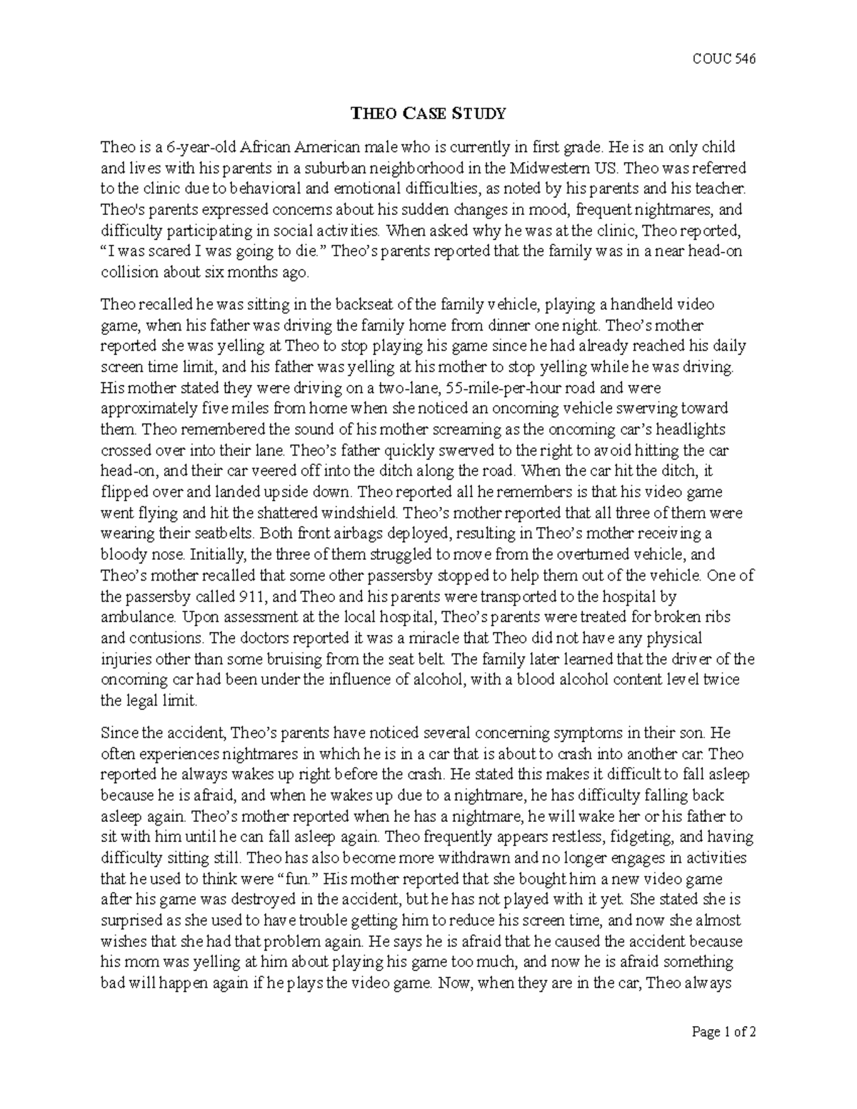 Theo Case Study Analysis COUC CEFS 546: Understanding Trauma Impact ...