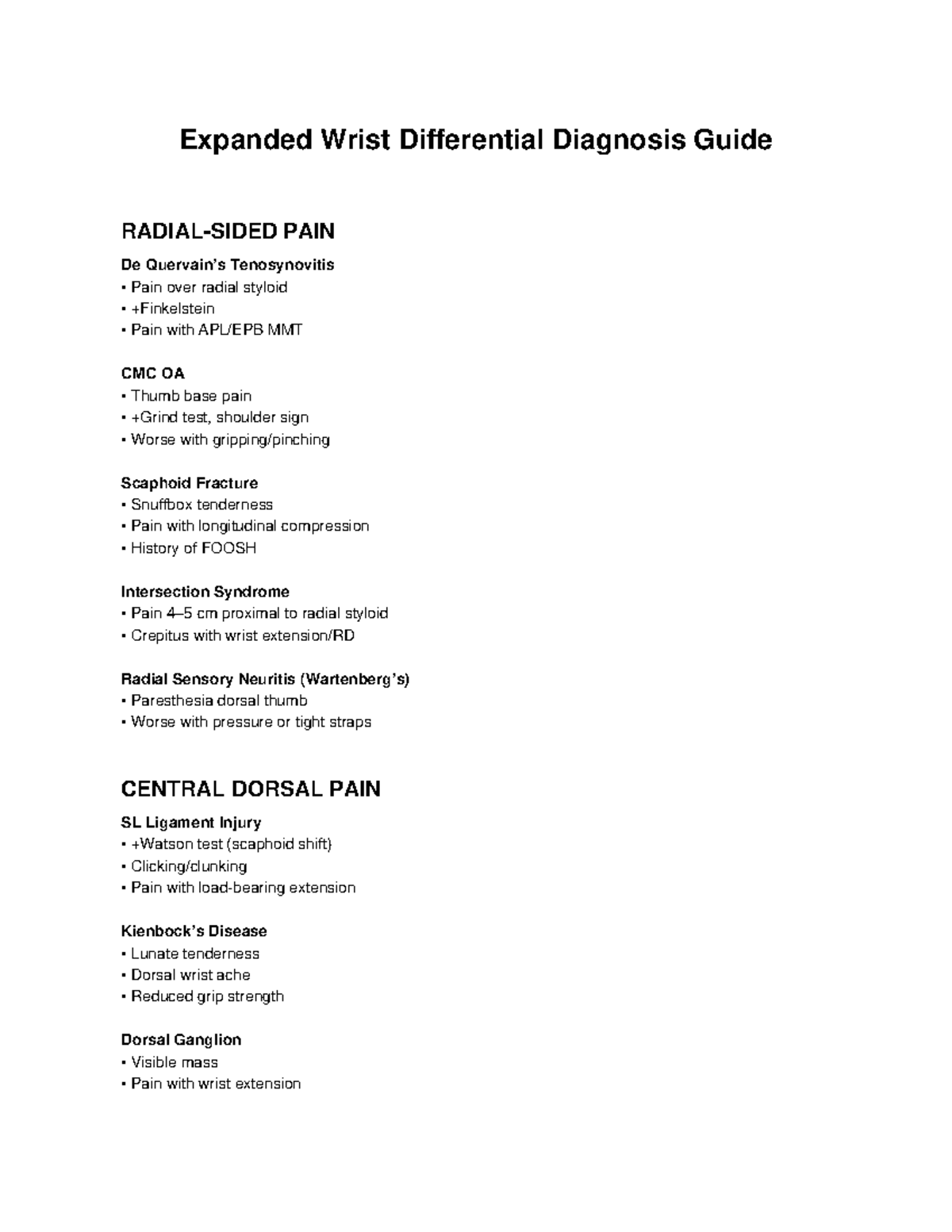 Wrist Differential Diagnosis Guide - Expanded Overview - Studocu