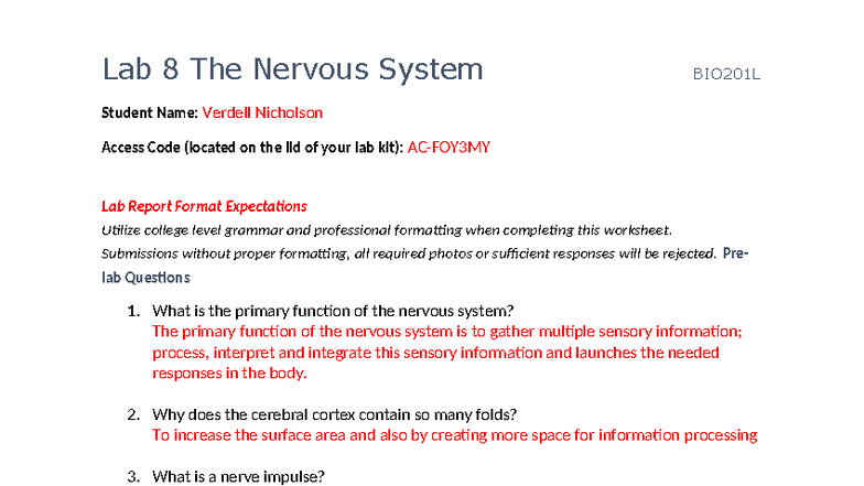 BIO201L Lab 8: Exploring the Nervous System Functions and Reflexes - Studocu