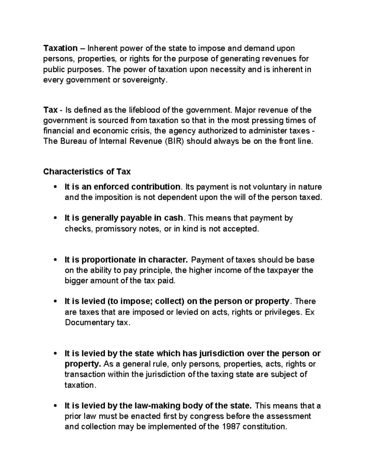 Taxation: The Inherent Power of the State to Generate Revenue - Studocu