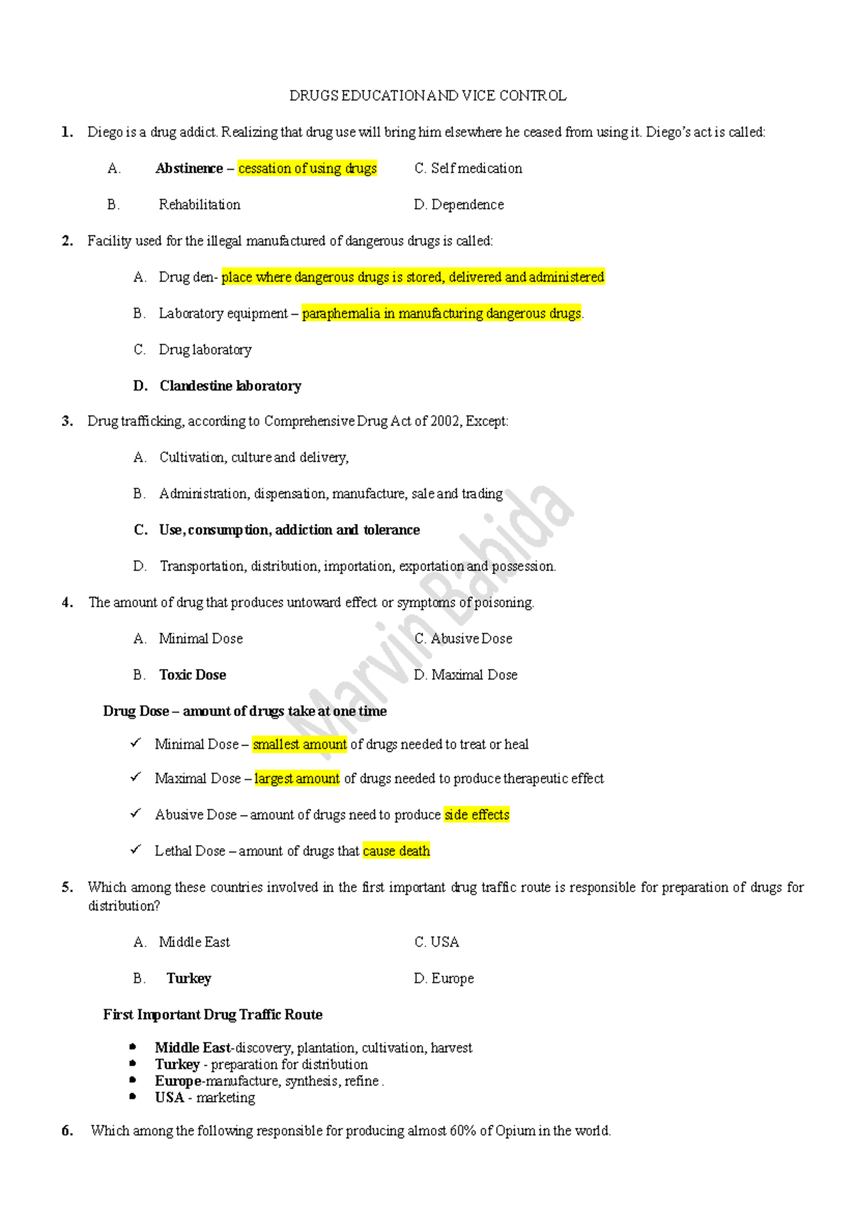 Drugs Education and Vice Control - Quiz on Drug Laws and Effects - Studocu