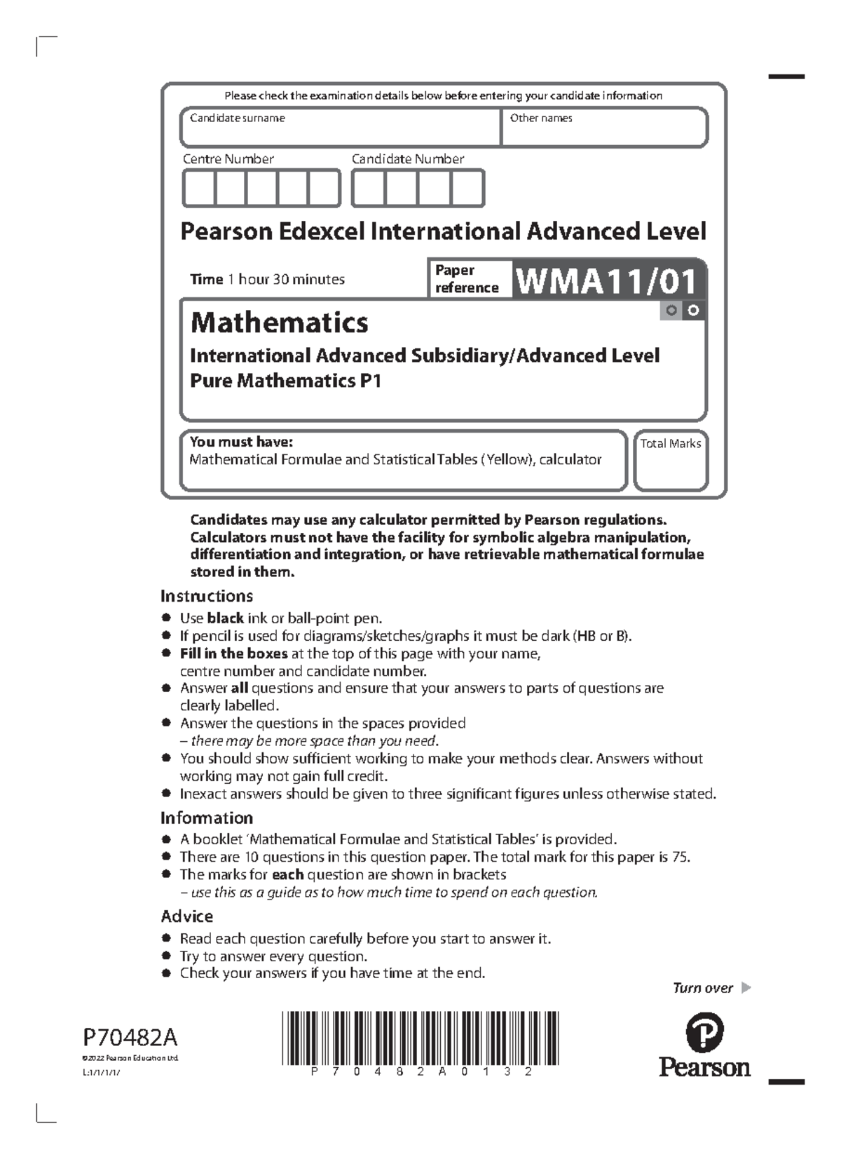 P1 2022 Pure Mathematics Exam Paper WMA11 - Total Marks: 75 - Studocu