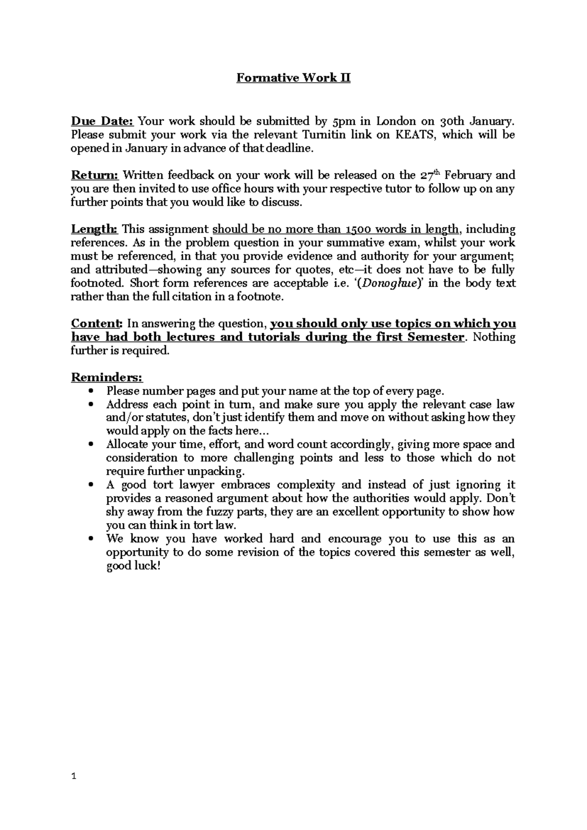 Law of Tort 2025-26 Formative Work II Guidelines and Submission Details ...