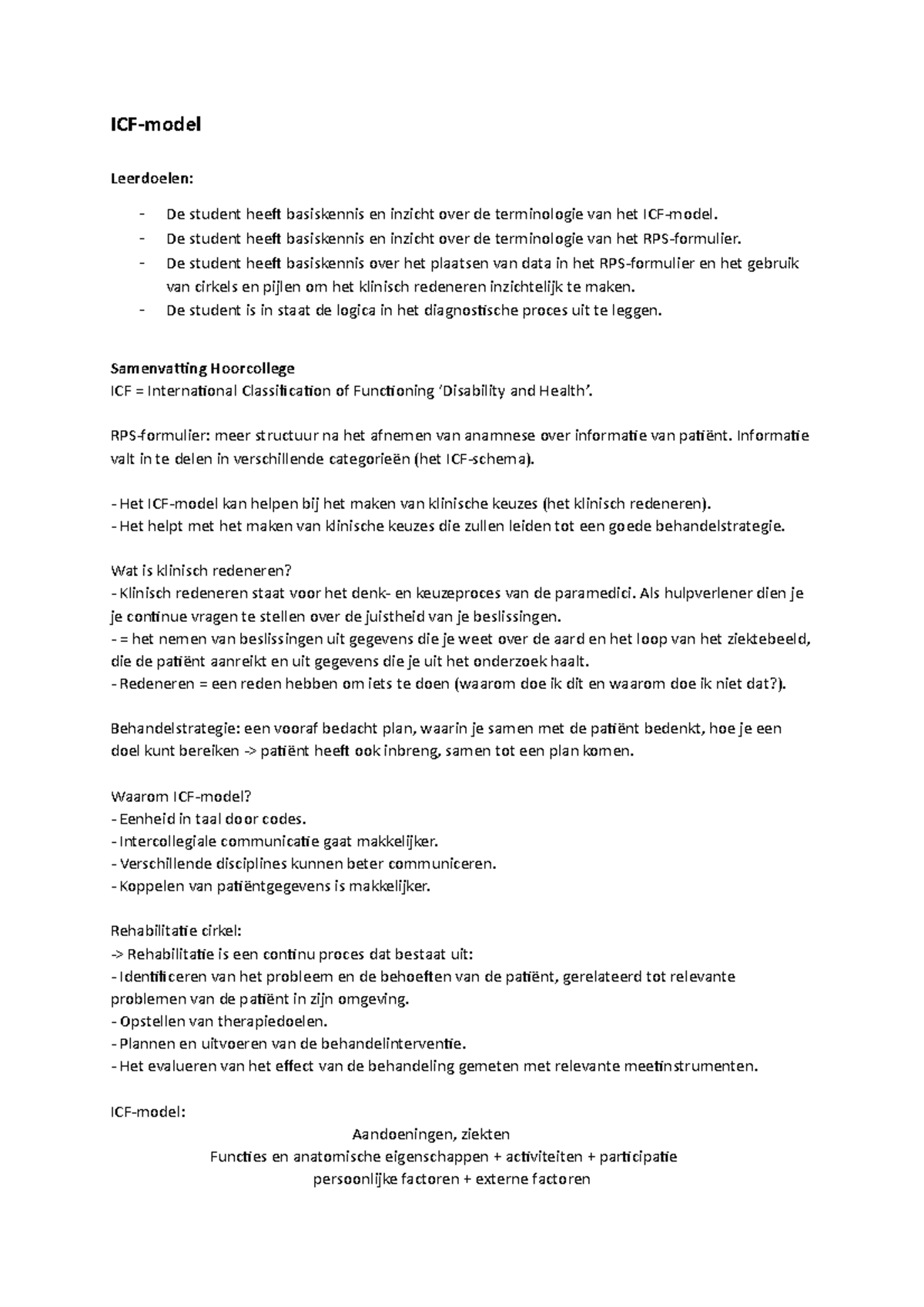 ICF & RPS-Formulier - Samenvatting Eerste Kennistoets - Studeersnel