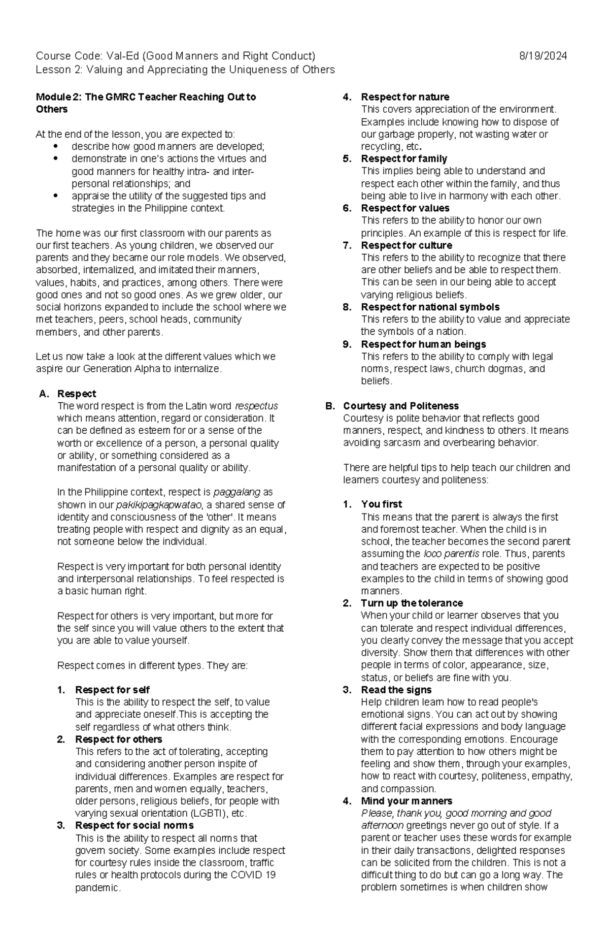 Val-Ed Module 2, Lesson 2: Embracing Uniqueness & Good Manners - Studocu