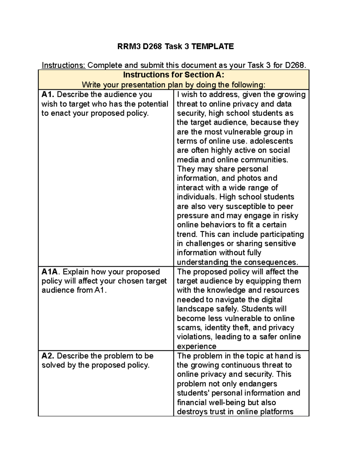 RRM3 D268 Task 3 - Policy Proposal on Online Privacy for Students - Studocu
