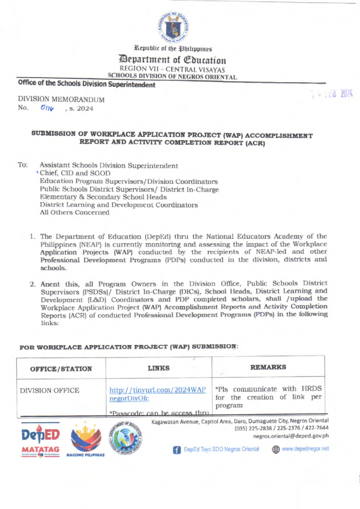 Division Memorandum No. 0116, S. 2024: WAP Accomplishment & ACR ...