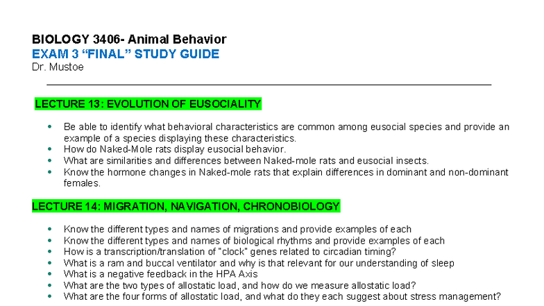 BIOLOGY 3406 Final Exam Study Guide: Animal Behavior Insights - Studocu