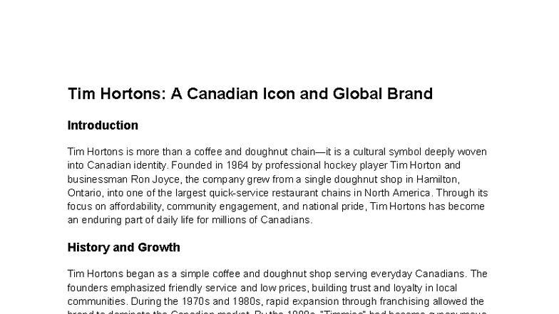 Tim Hortons (BUS 101): A Canadian Icon and Global Brand Overview - Studocu