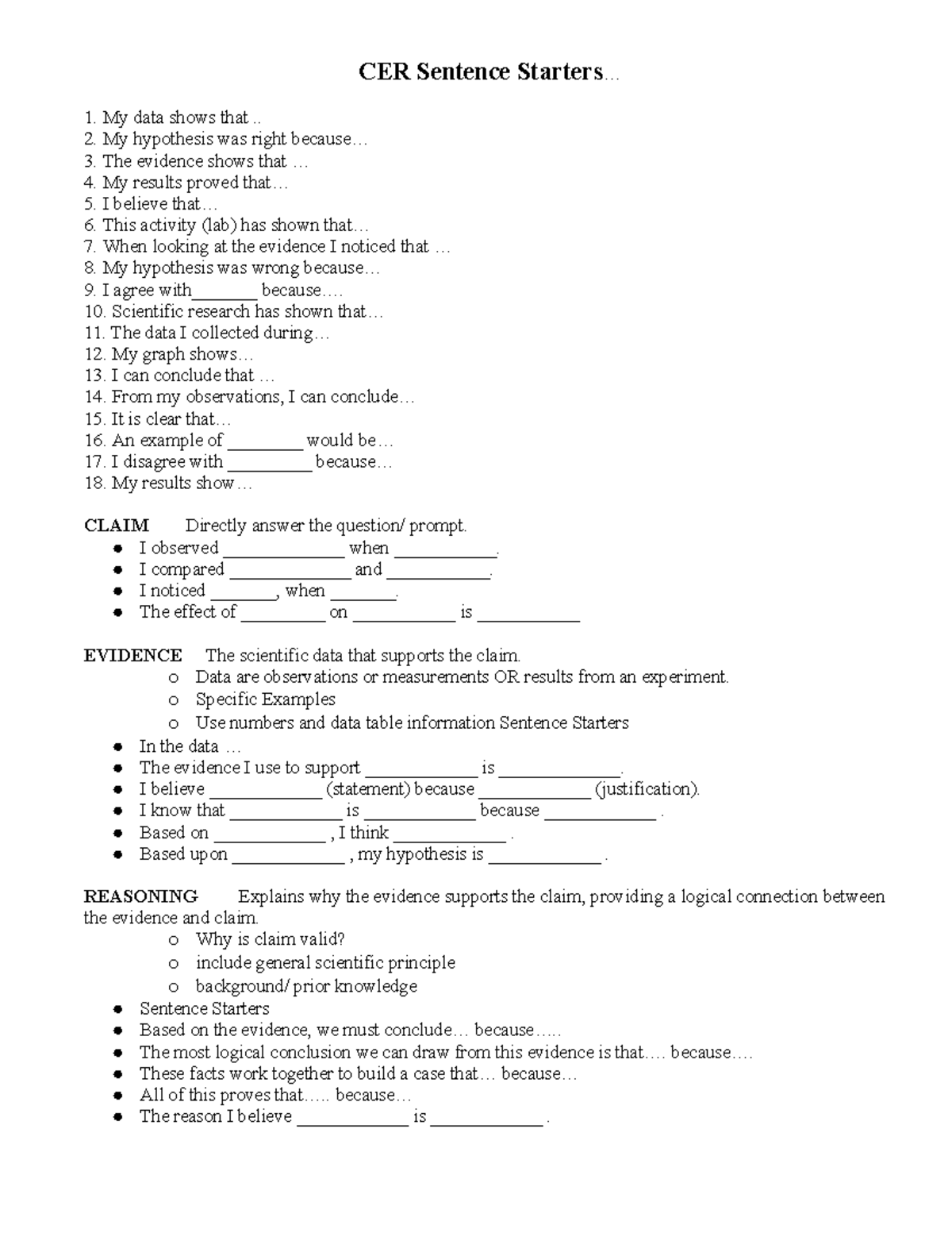 CER Sentence Starters - This is to help your claim, evidence and ...