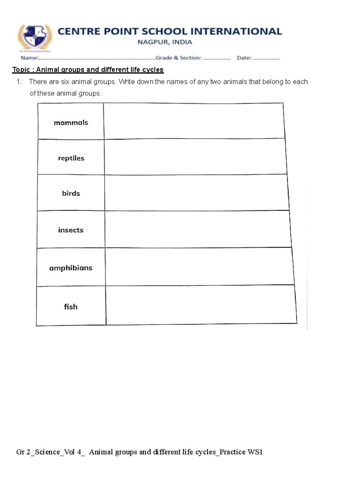 Gr 2_Science_Vol 4_ Animal Groups & Life Cycles Practice WS1 - Studocu