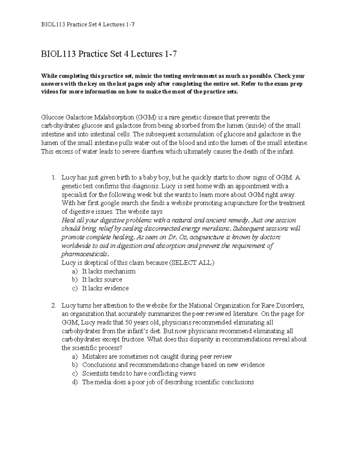 BIOL113 Practice Set 4: Lectures 1-7 Overview and Key Insights - Studocu