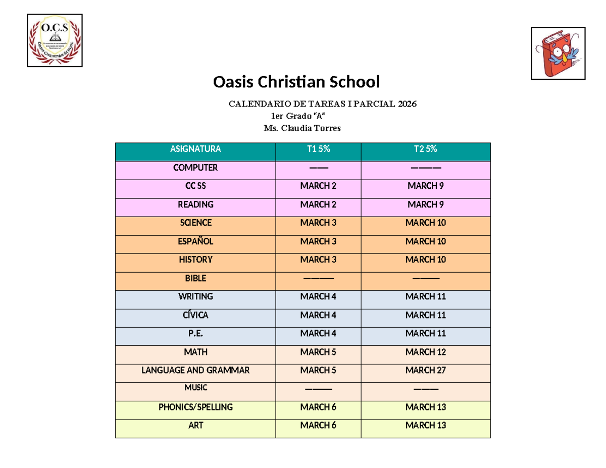 Oasis Christian School Tareas I Parcial 2026 - 1er Grado - Studocu