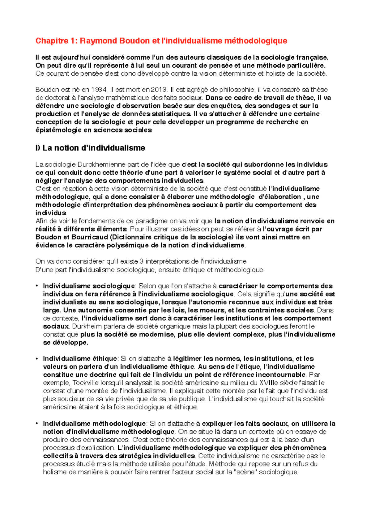 Chapitre 1 - L'individualisme méthodologique de Raymond Boudon - Studocu