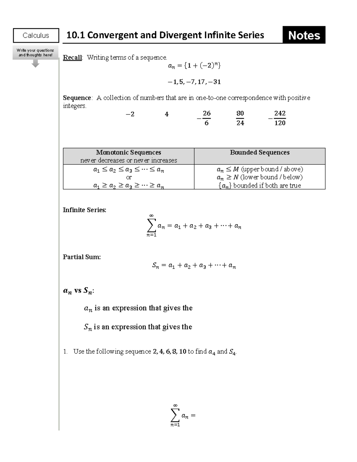Calc 10 - Intro to Convergent & Divergent Infinite Series Notes - Studocu