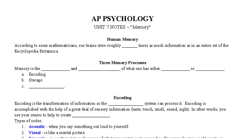 AP PSYCHOLOGY UNIT 7 NOTES: Understanding Human Memory Processes - Studocu