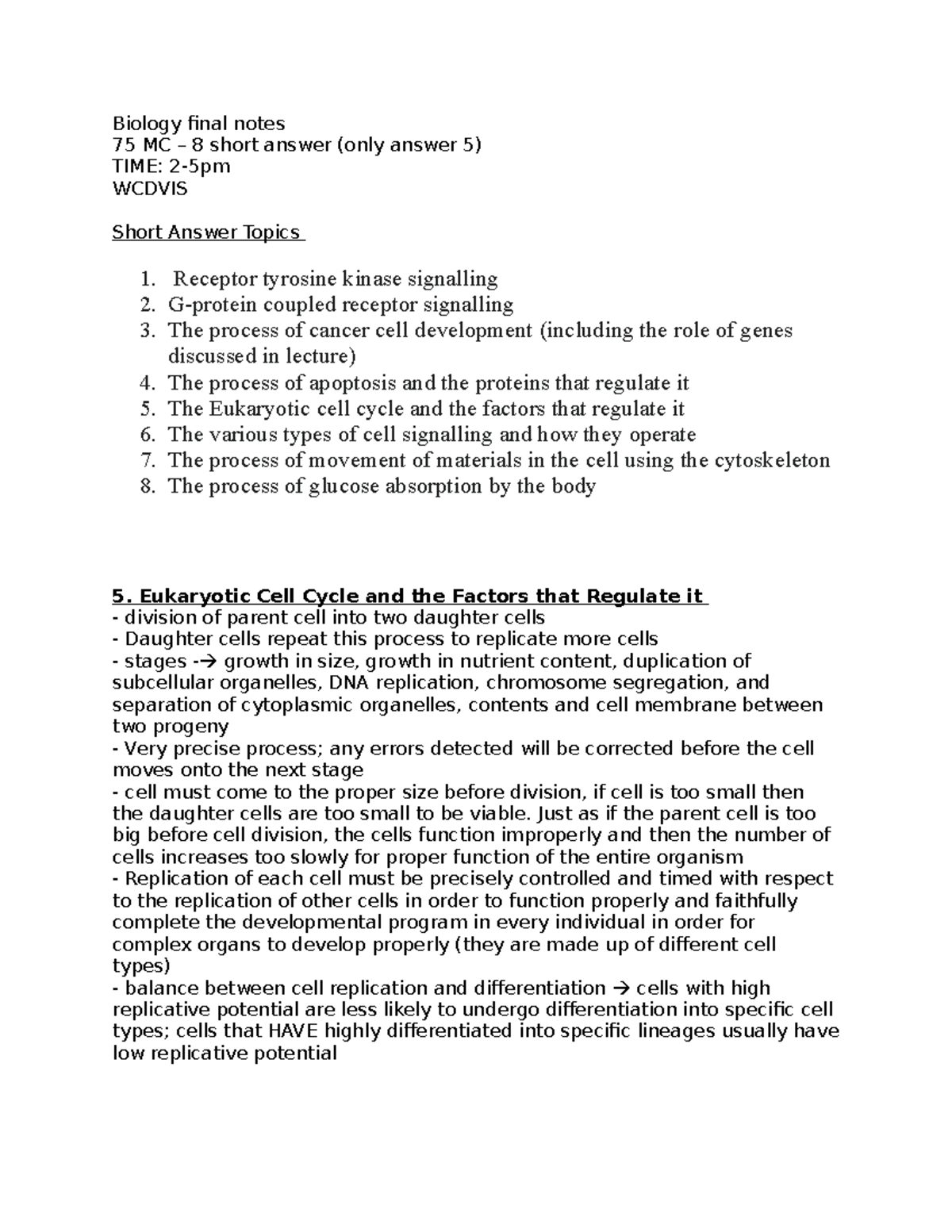 Biology final exam notes: key topics and cell cycle overview 75 MC 8 ...
