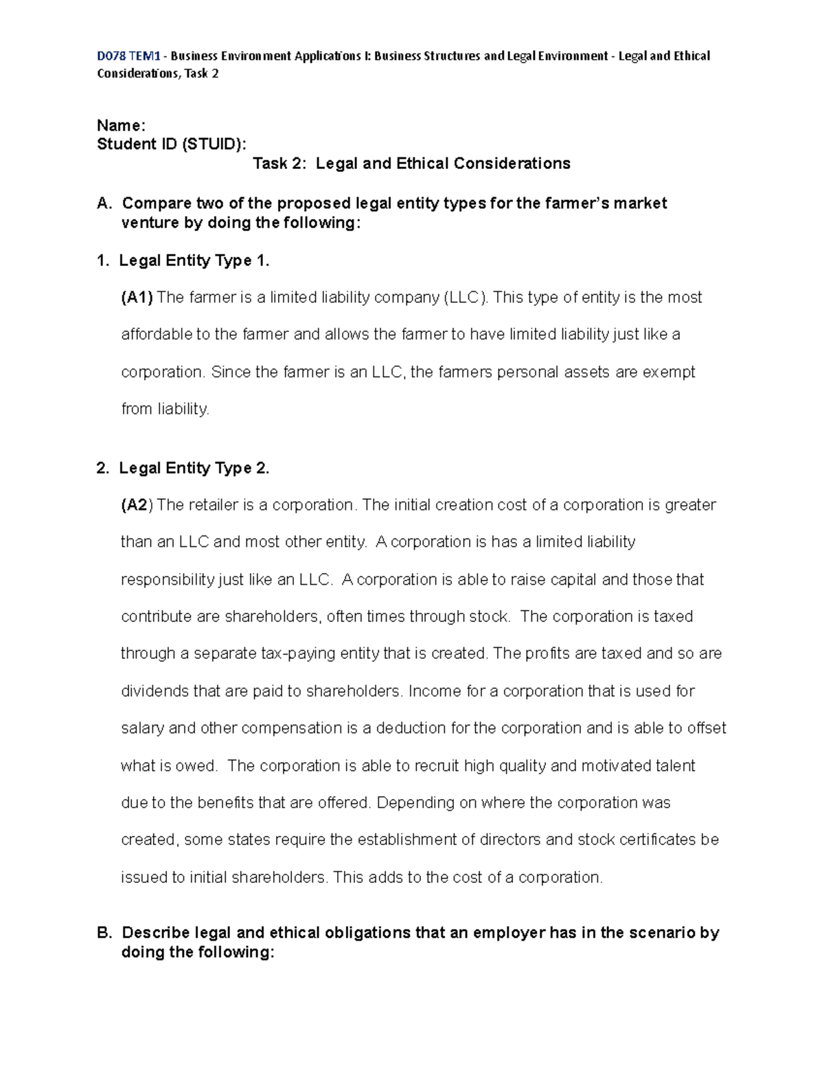D078 TEM1 Business Environment: Legal & Ethical Considerations Task 2 ...