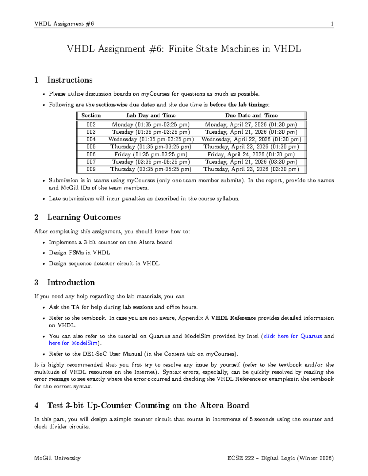 ECSE 222 VHDL Lab 6: Finite State Machines Assignment - Studocu