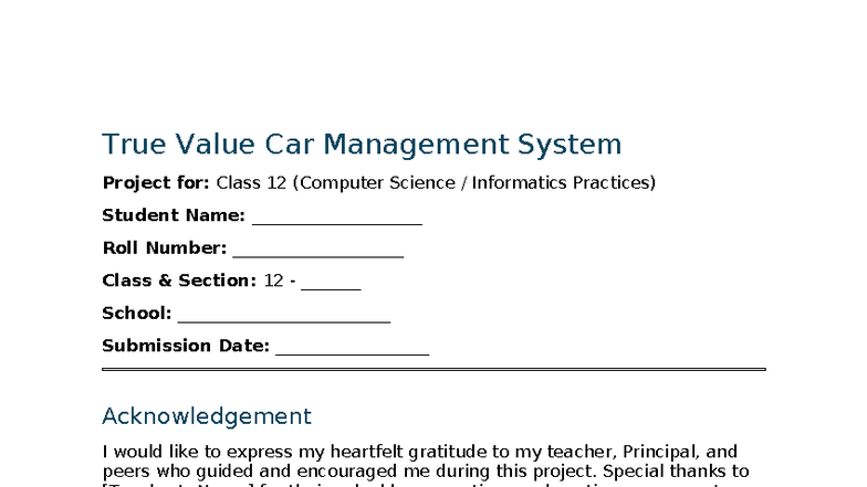 True Value Car Management System Project - Class 12 (CS IP) - Studocu