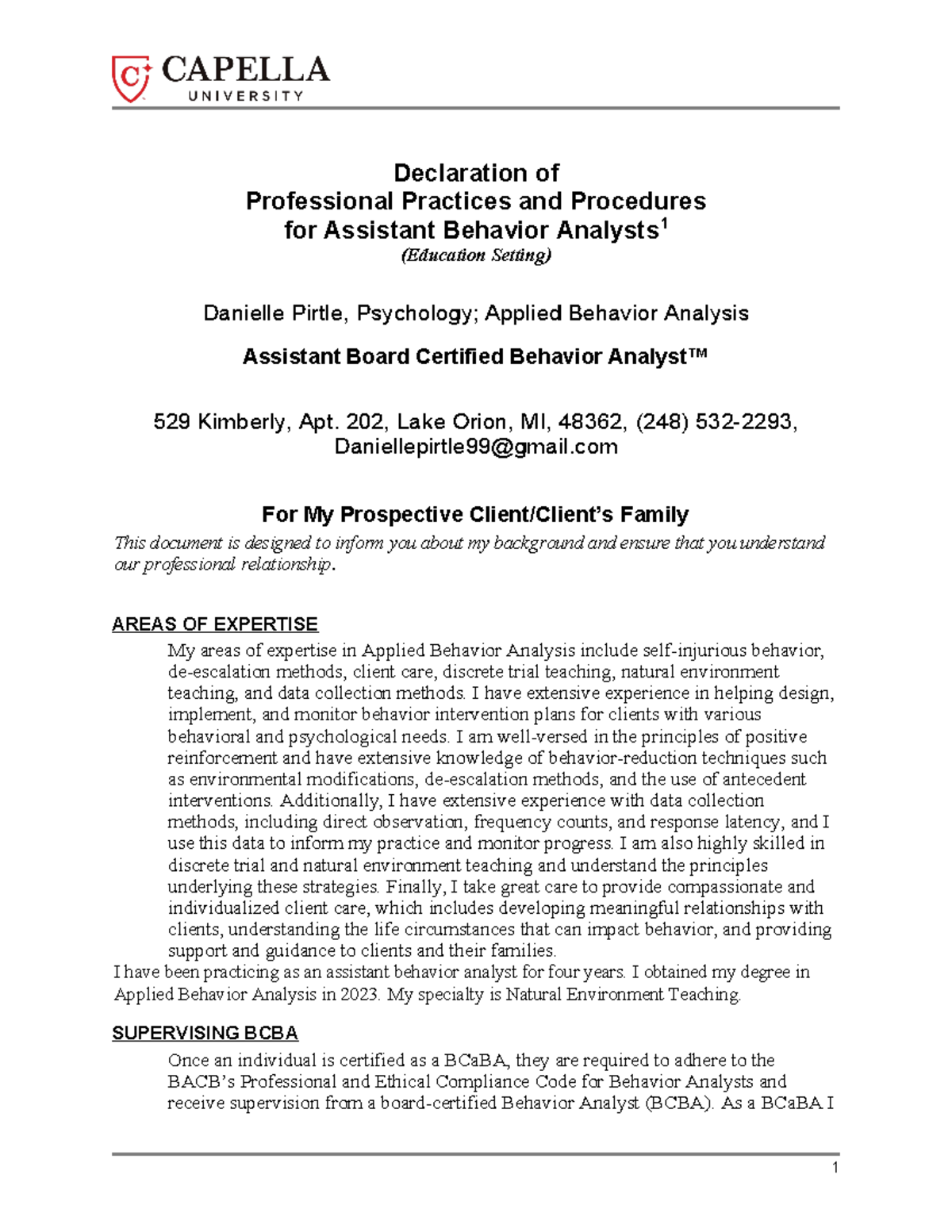 BCaBA Professional Practice Declaration Template for Clients - Studocu