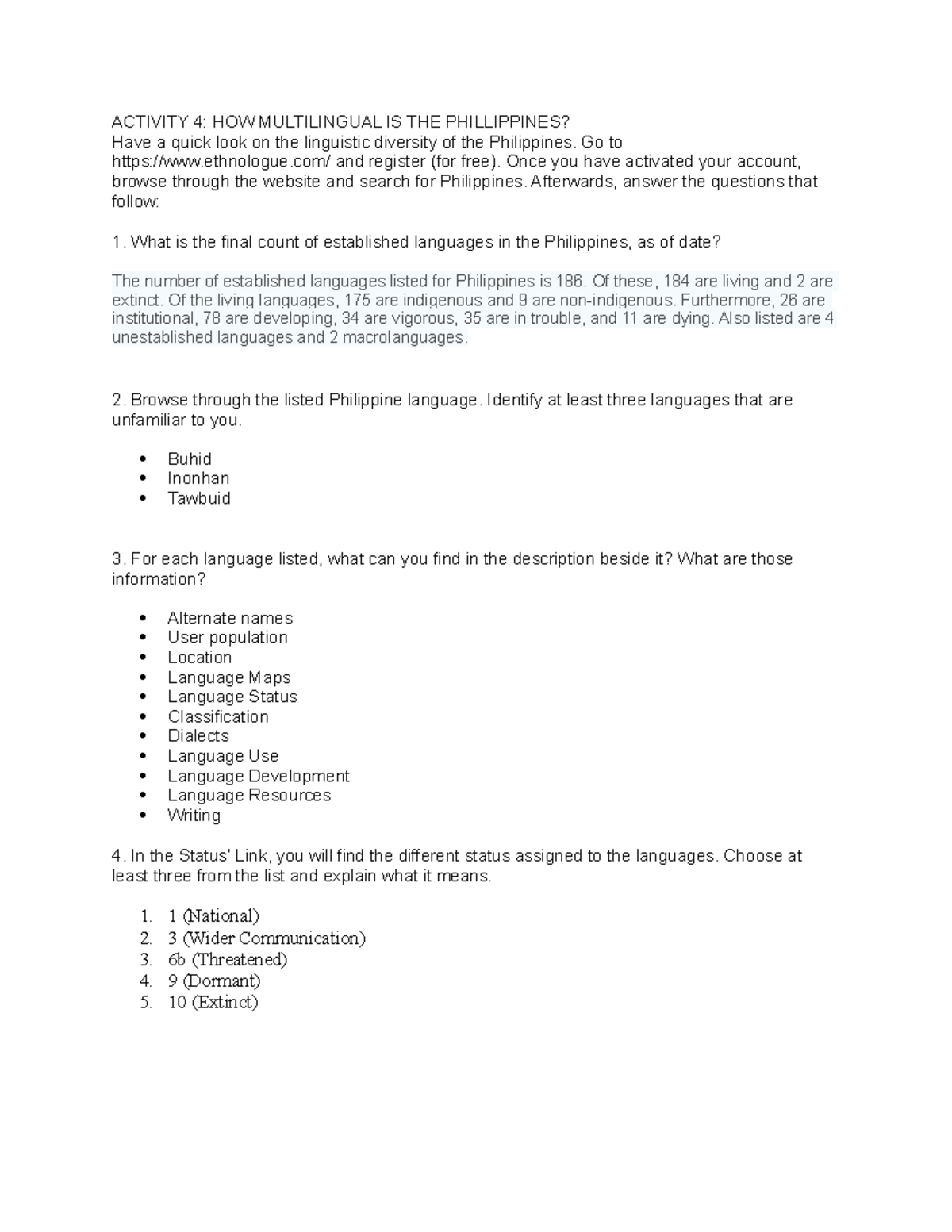 Ethnologue Case Study: Multilingualism in the Philippines - Studocu