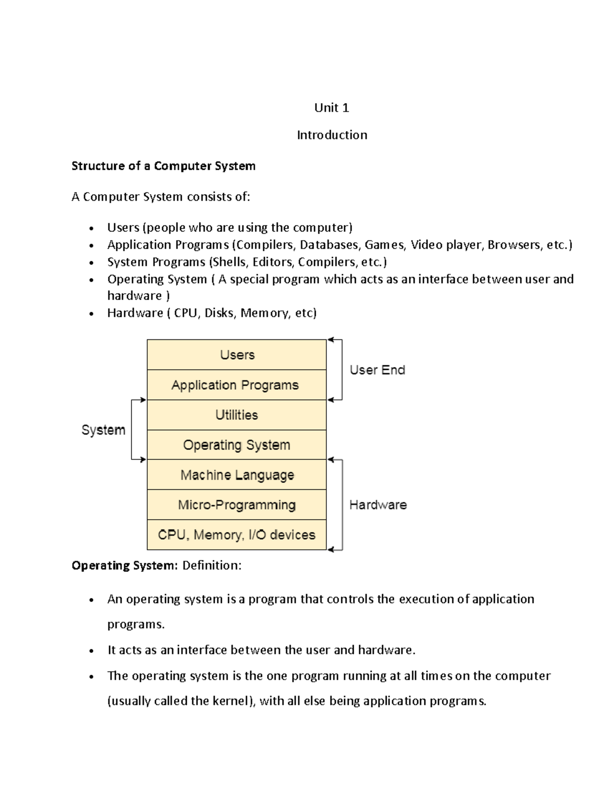 Unit 1 OS - Unit 1 Introduction Structure of a Computer System A ...