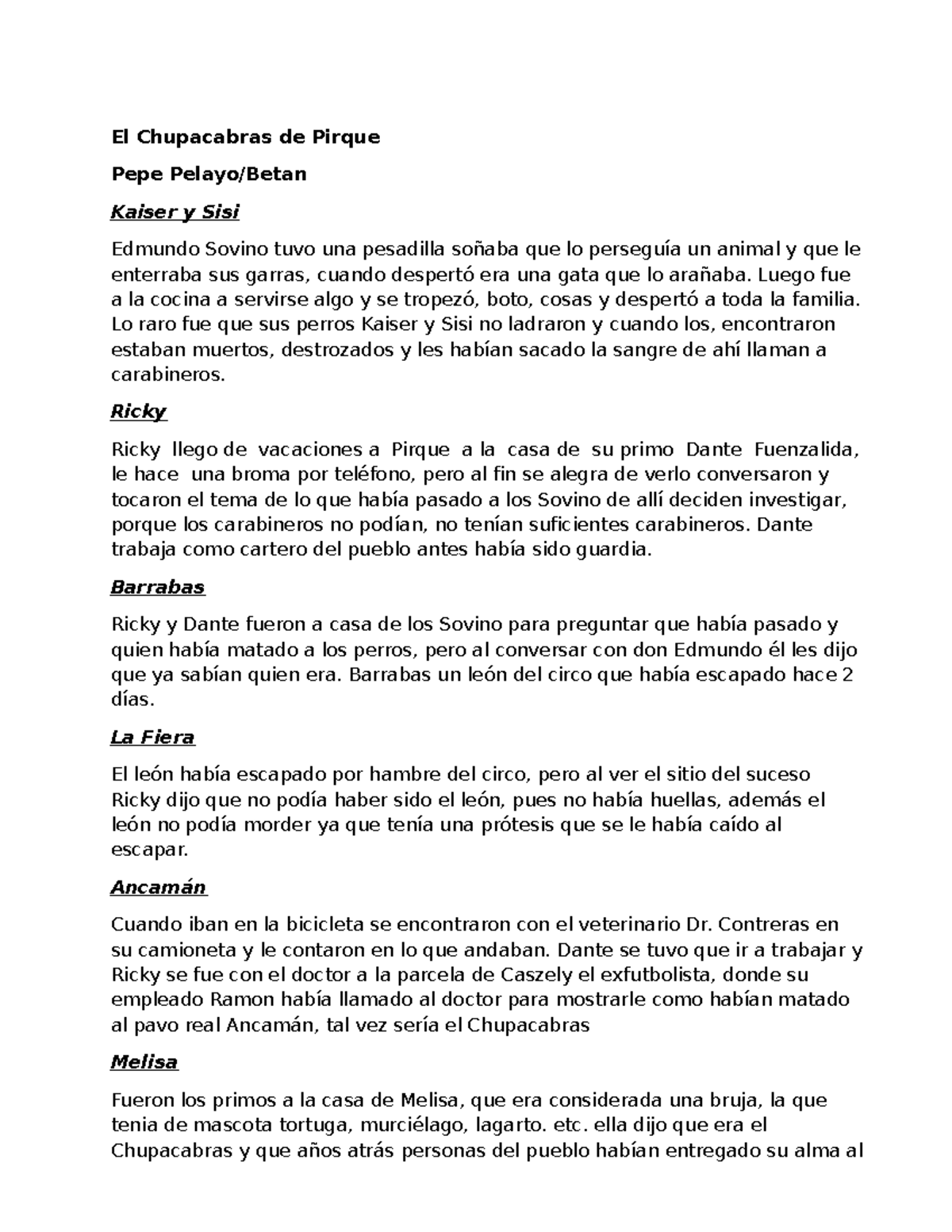 Resumen del Chupacabras en Pirque - Historia de Pepe Pelayo - Studocu