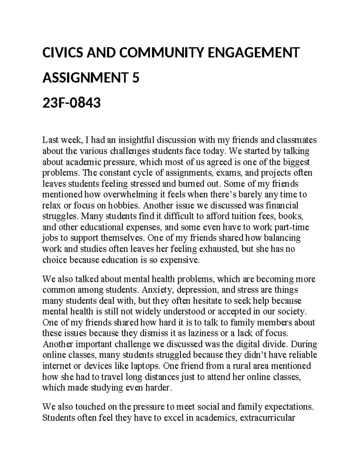 Civics assignment 5 - CIVICS AND COMMUNITY ENGAGEMENT ASSIGNMENT 5 23F ...