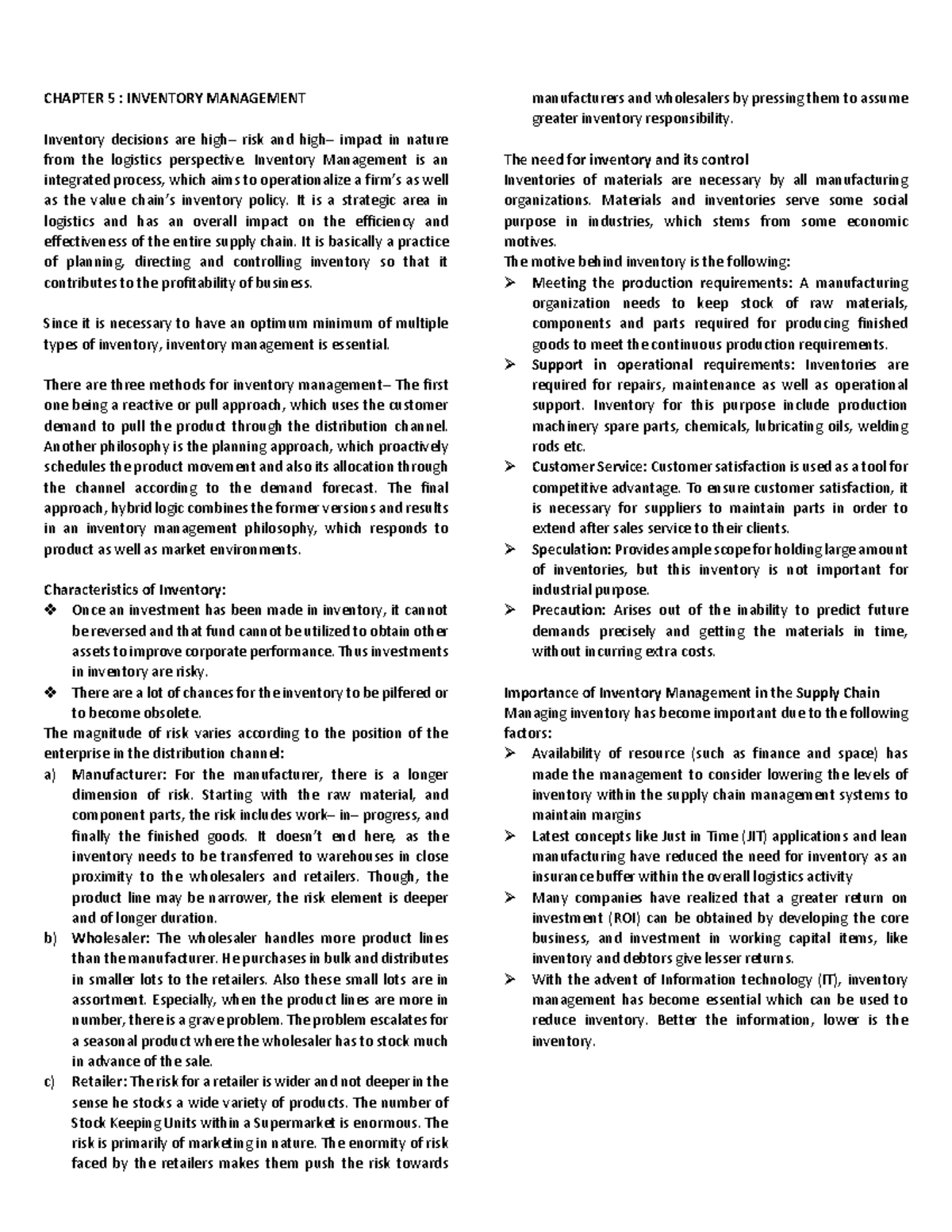 OM-Chapter 5 - organization management - CHAPTER 5 : INVENTORY MANAGEMENT Inventory decisions ...