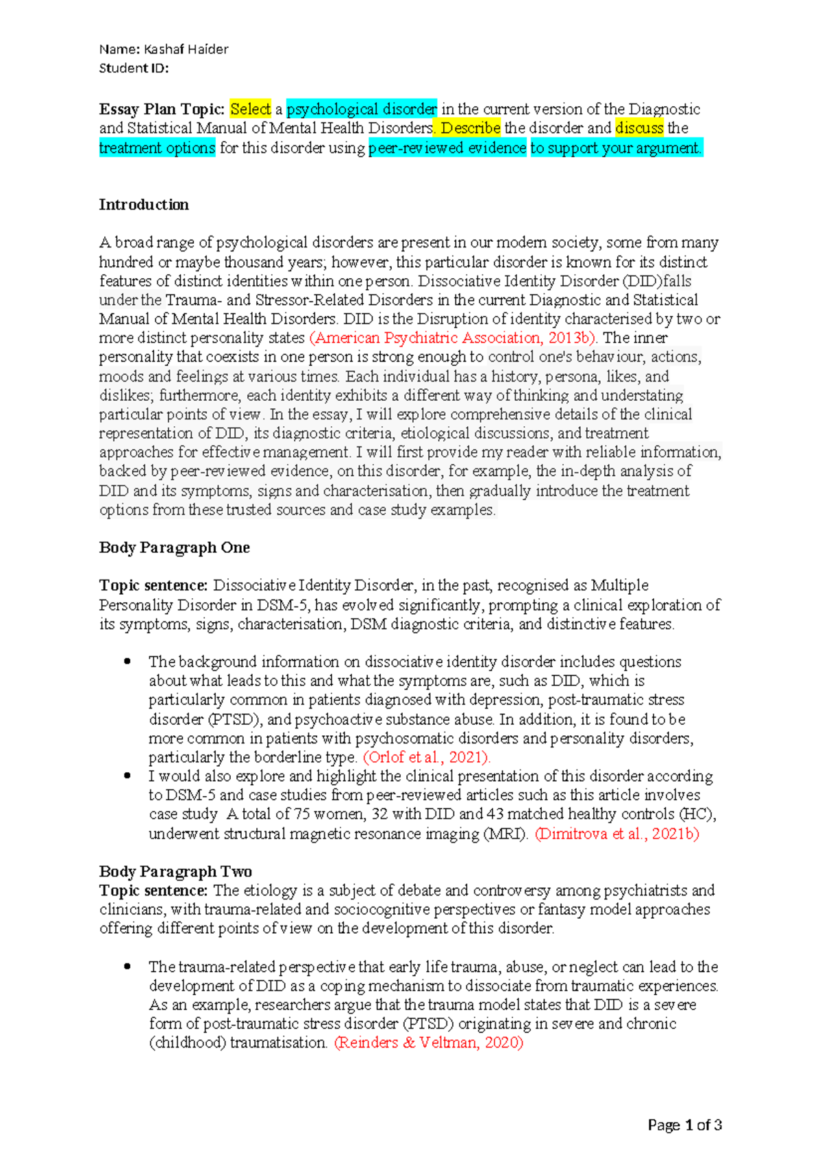 PSYCH 101: Essay Plan on Dissociative Identity Disorder and Treatment ...