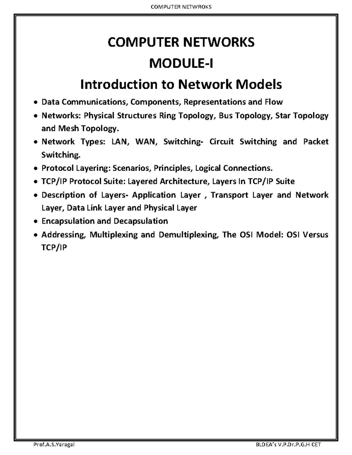 CN-Module I: Introduction to Computer Networks and Protocols - Studocu