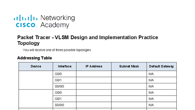 11.9.3 Packet Tracer - VLSM Design & Implementation Practice - Studocu