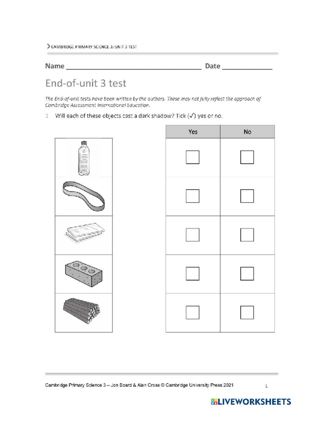 CAMBRIDGE PRIMARY SCIENCE 3: UNIT 3 END OF UNIT TEST - Studocu